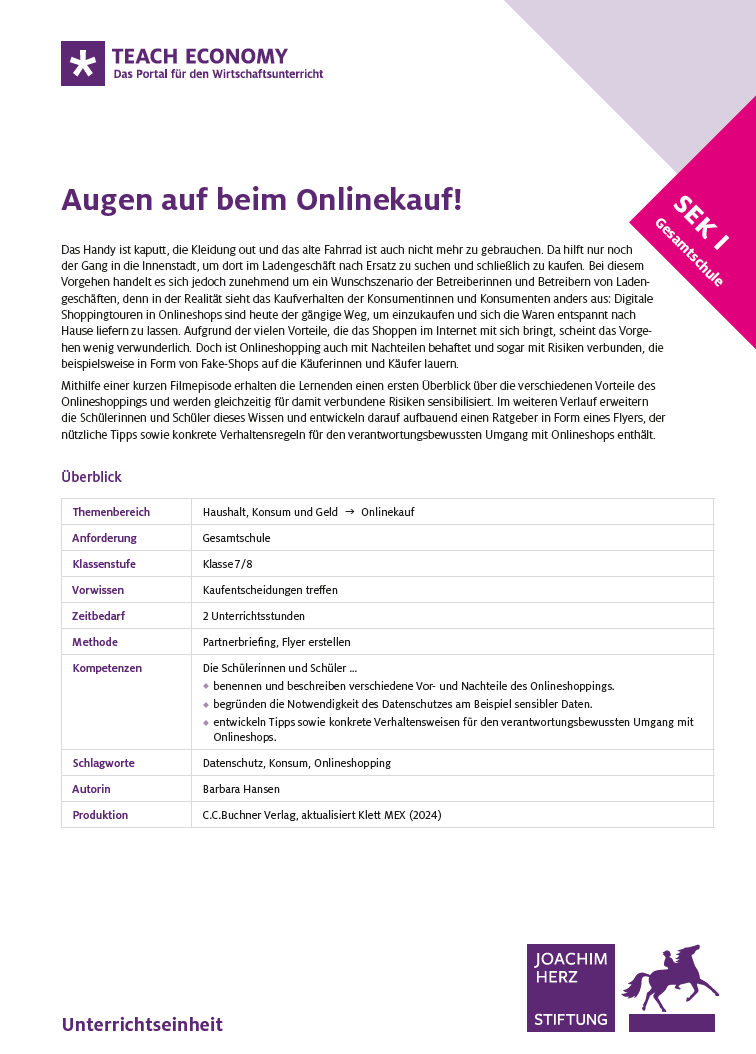Unterrichtsmaterial: Augen auf beim Onlinekauf!